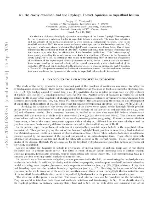 (PDF) Cavity evolution and the Rayleigh-Plesset equation in superfluid ...