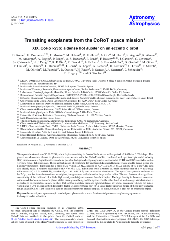 (PDF) Transiting exoplanets from the CoRoT space mission