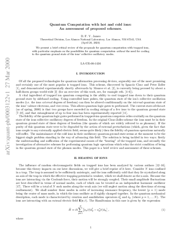 (PDF) Quantum Computation with Hot and Cold Ions: An Assessment of Proposed Schemes