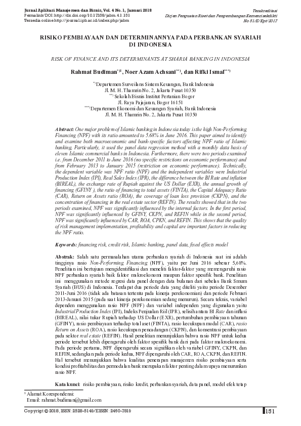 (PDF) Risiko Pembiayaan dan Determinannya pada Perbankan Syariah di Indonesia