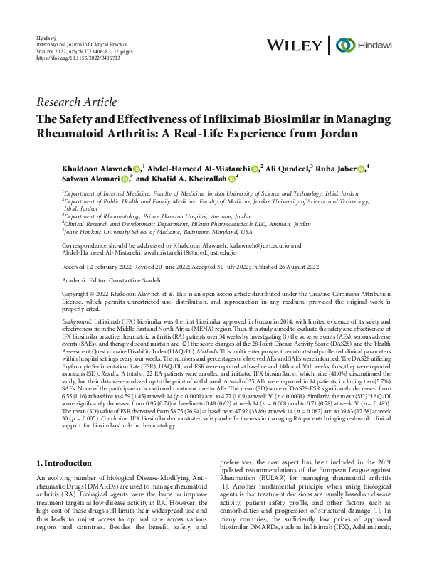 (PDF) The Safety and Effectiveness of Infliximab Biosimilar in Managing Rheumatoid Arthritis: A ...