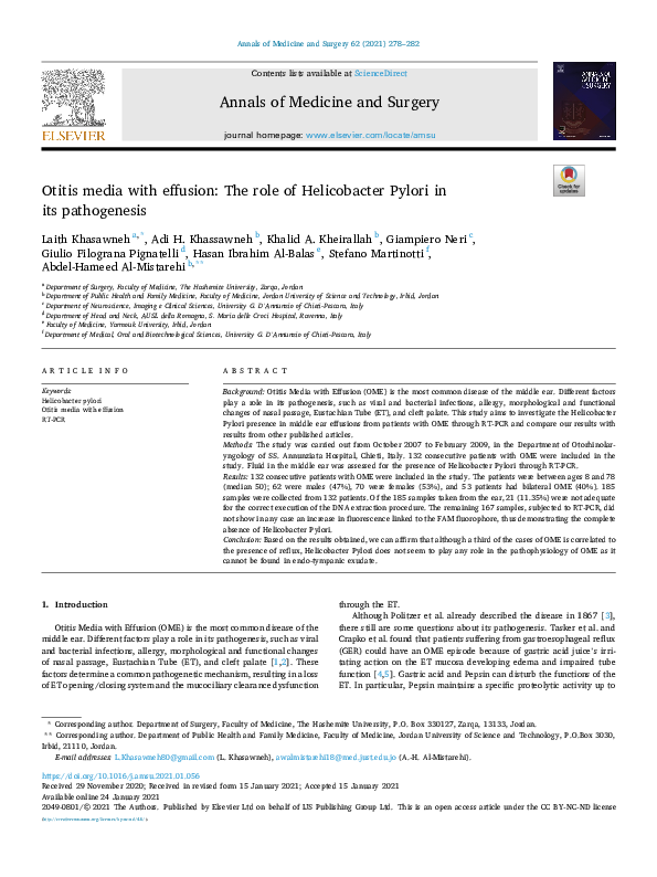 (PDF) Otitis media with effusion: The role of Helicobacter Pylori in its pathogenesis