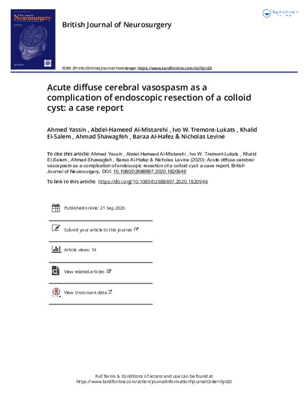 (PDF) Acute diffuse cerebral vasospasm as a complication of endoscopic ...