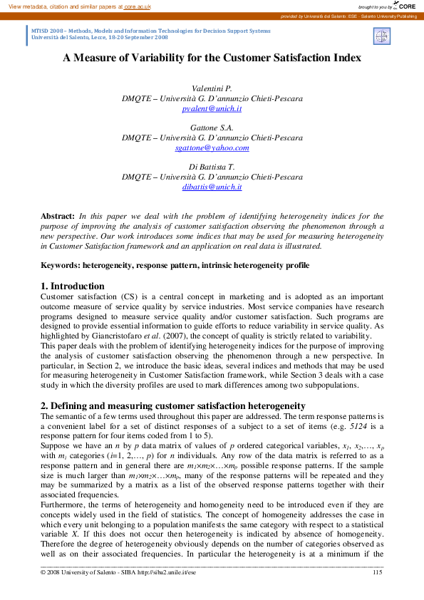 (PDF) Heterogeneity Indices for Customer Satisfaction