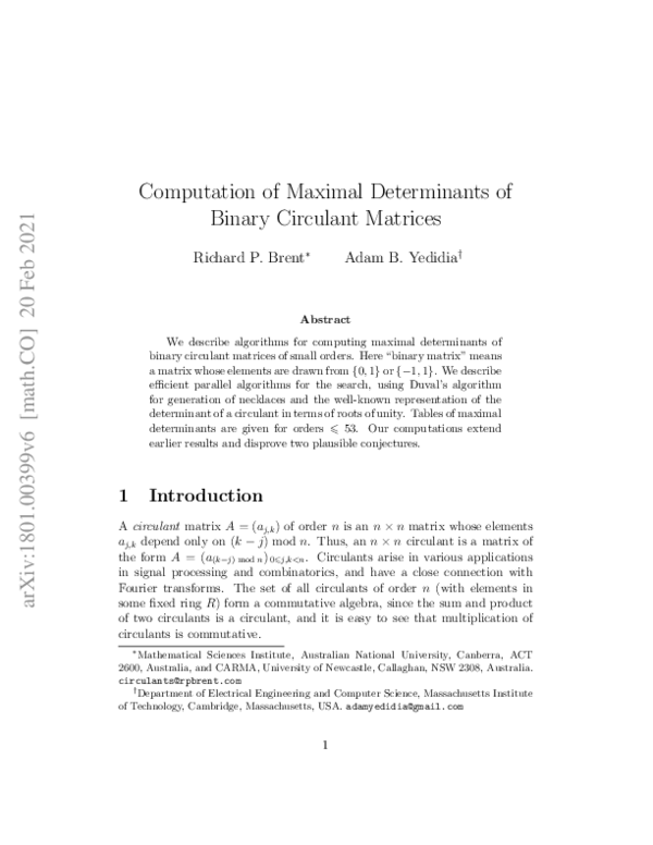 (PDF) Computation of Maximal Determinants of Binary Circulant Matrices