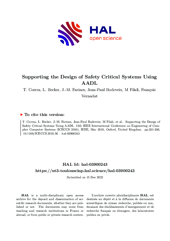 (PDF) Supporting the Design of Safety Critical Systems Using AADL