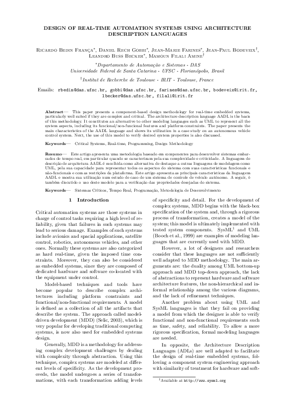 (PDF) Design of Real-Time Automation Systems Using Architecture Description Languages