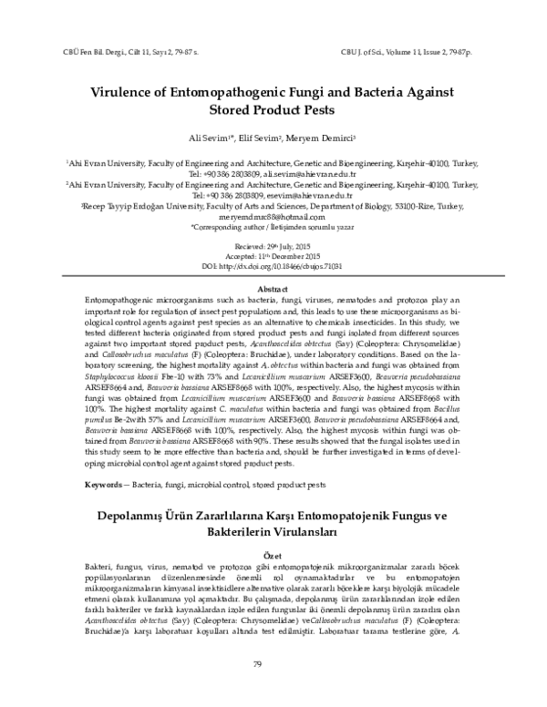 (PDF) Virulence of Entomopathogenic Fungi and Bacteria against Stored Product Pests