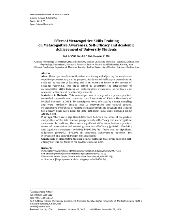 (PDF) Effect of Metacognitive Skills Training on Metacognitive Awareness, Self-Efficacy and ...
