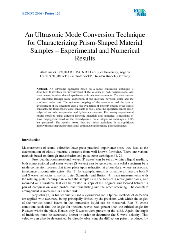 (PDF) An Ultrasonic Mode Conversion Technique for Characterizing Prism-Shaped Material Samples ...