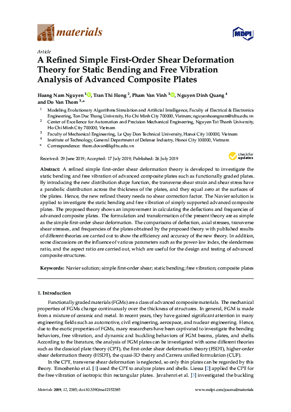 (PDF) A Refined Simple First-Order Shear Deformation Theory for Static Bending and Free ...