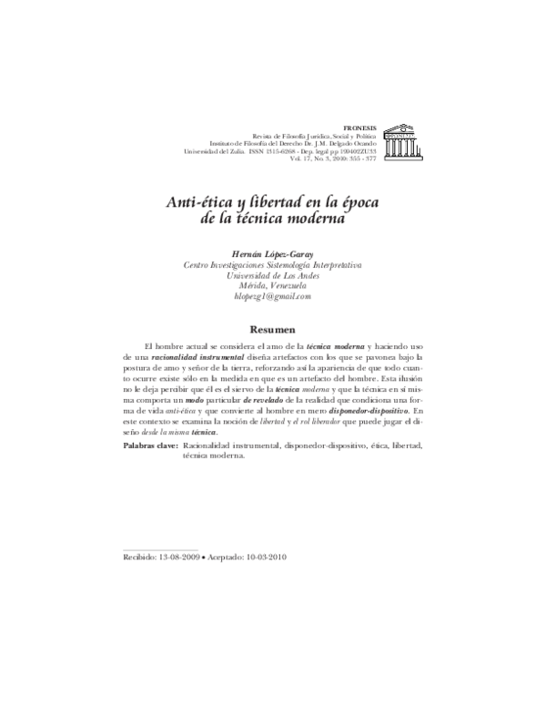 (PDF) Anti-ética y libertad en la época de la técnica moderna