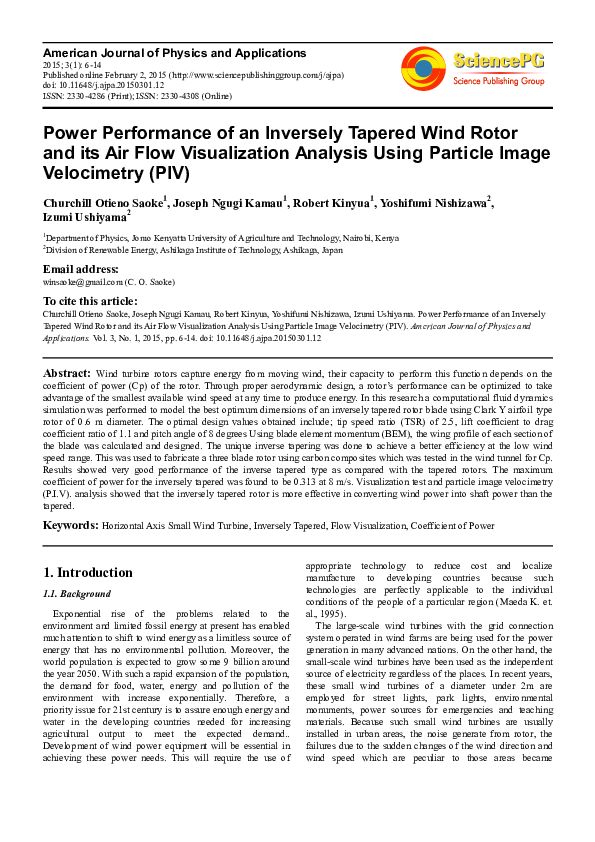 (PDF) Power Performance of an Inversely Tapered Wind Rotor and its Air Flow Visualization ...