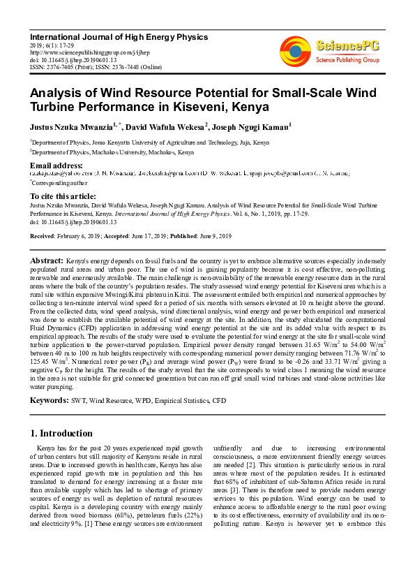 (PDF) Analysis of Wind Resource Potential for Small-Scale Wind Turbine ...