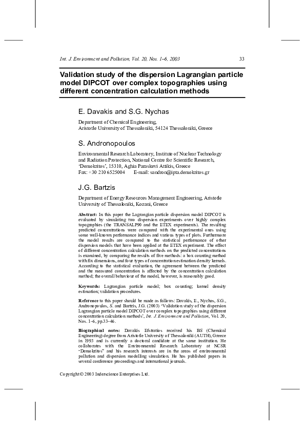 (PDF) Validation study of the dispersion Lagrangian particle model DIPCOT over complex ...