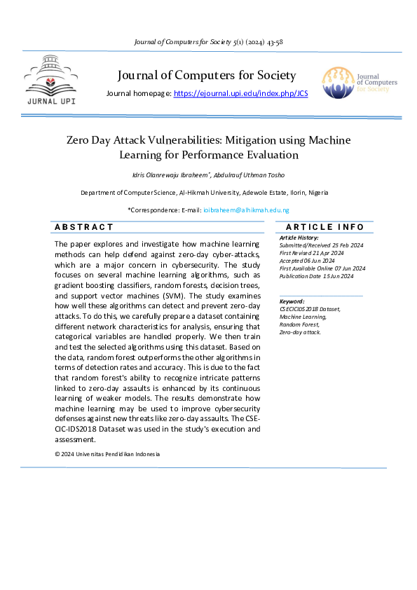 (PDF) Zero Day Attack Vulnerabilities Mitigation using Machine Learning for Performance Evaluation