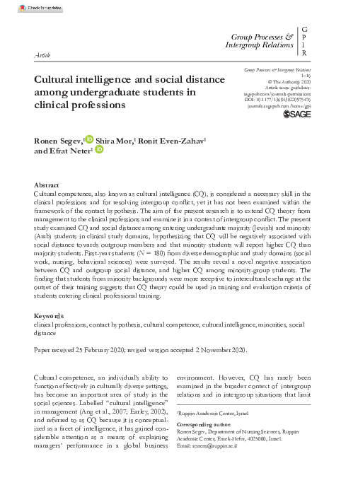 (PDF) Cultural intelligence and social distance among undergraduate students in clinical professions