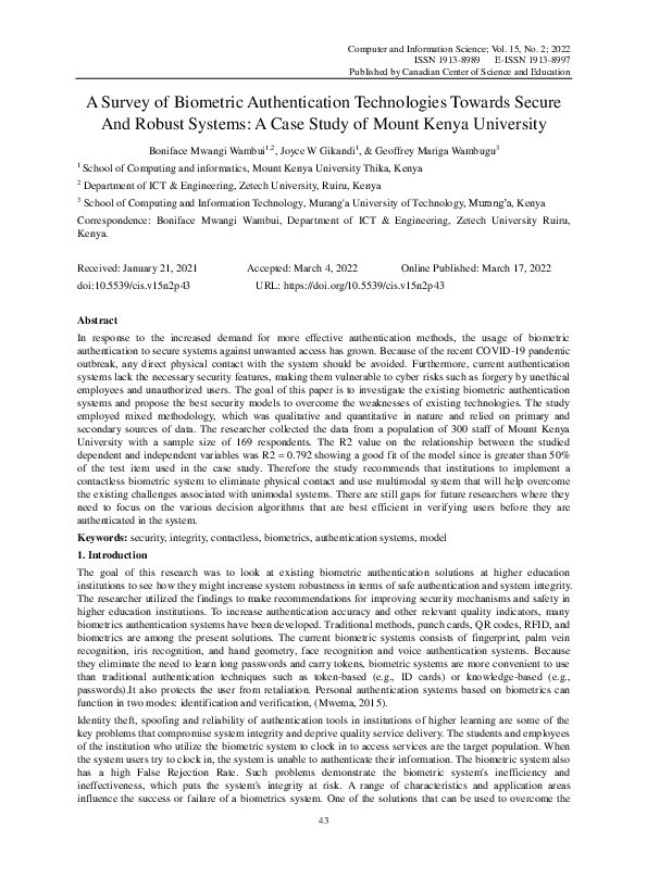 (PDF) A Survey of Biometric Authentication Technologies Towards Secure ...