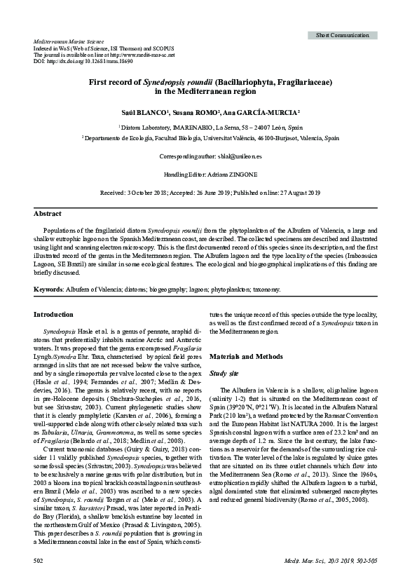 (PDF) First record of Synedropsis roundii (Bacillariophyta ...