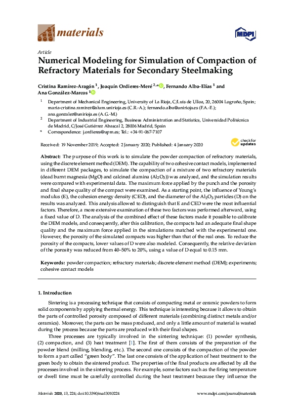 (PDF) Numerical Modeling for Simulation of Compaction of Refractory Materials for Secondary ...