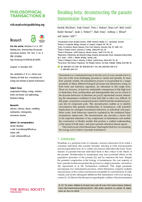 (PDF) Breaking beta: deconstructing the parasite transmission function | Anthony Wilson ...