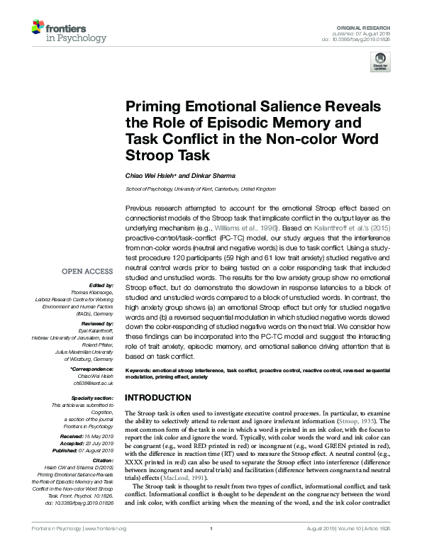 (PDF) Episodic Memory and Anxiety in the Non-color Word Stroop Task