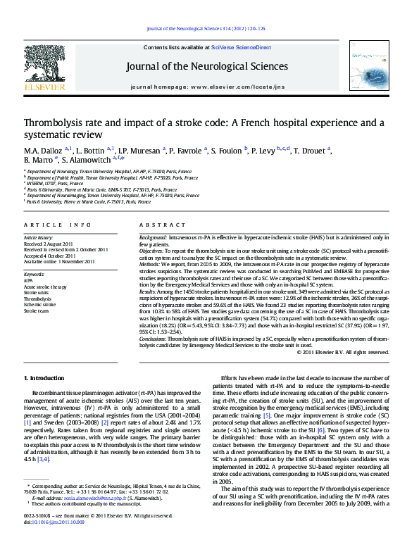 (PDF) Thrombolysis rate and impact of a stroke code: A French hospital ...