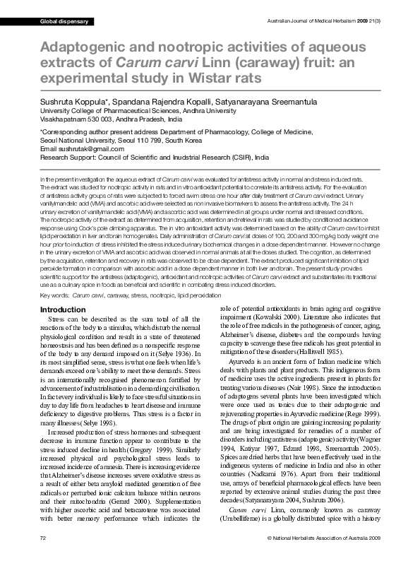 (PDF) Adaptogenic and Nootropic Activities of Aqueous Extracts of Carum ...