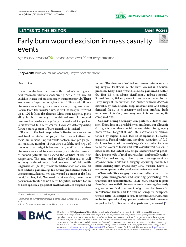(PDF) Early burn wound excision in mass casualty events