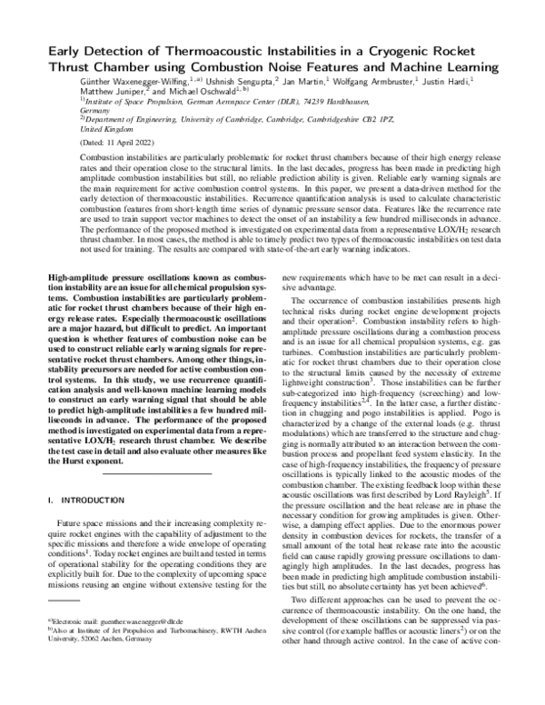 (PDF) Early detection of thermoacoustic instabilities in a cryogenic rocket thrust chamber using ...