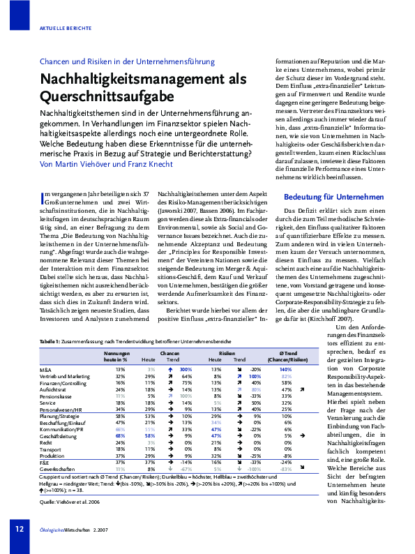 (PDF) Nachhaltigkeitsmanagement als Querschnittsaufgabe | Franz Knecht ...