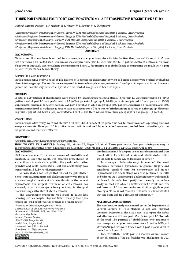 (PDF) Three Port Versus Four Port Cholecystectomy- a Retrospective Descriptive Study