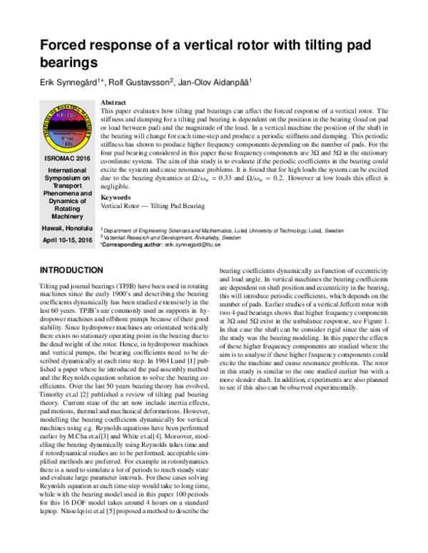 (PDF) Forced response of a vertical rotor with tilting pad bearings