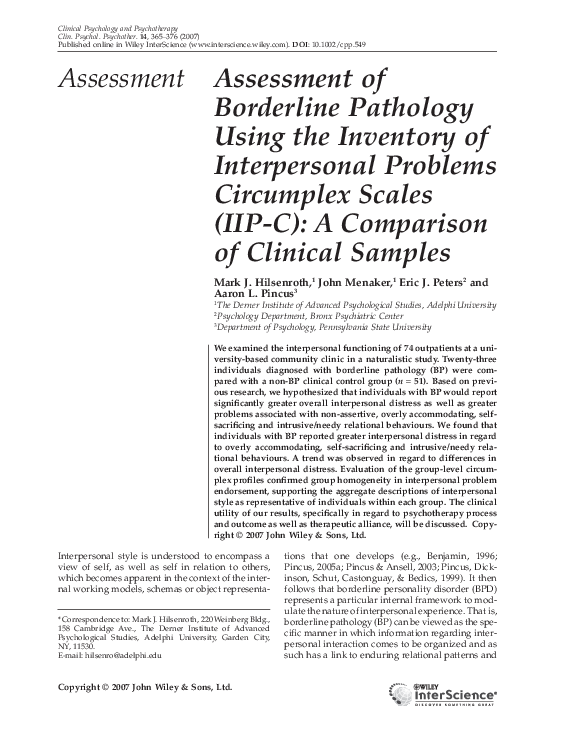 (PDF) Assessment of borderline pathology using the Inventory of ...