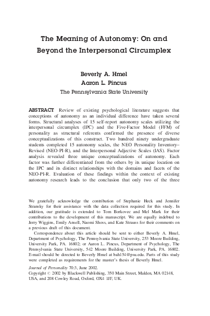 (PDF) The Meaning of Autonomy: On and Beyond the Interpersonal Circumplex