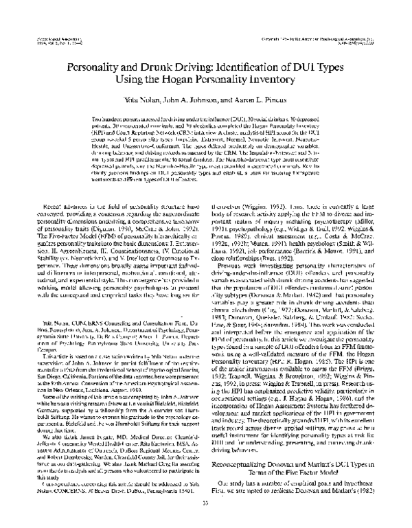 (PDF) Personality and drunk driving: Identification of DUI types using ...