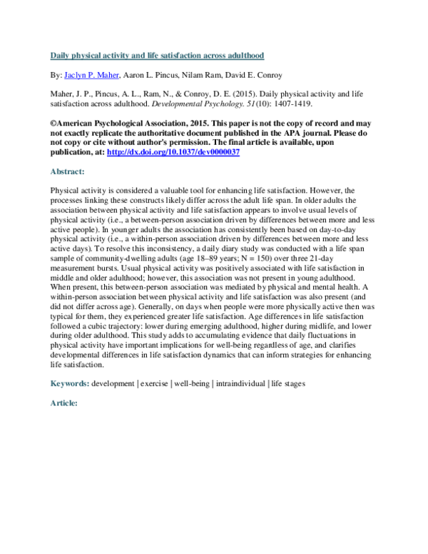 (PDF) Daily physical activity and life satisfaction across adulthood