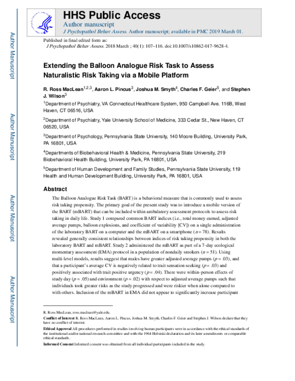 (PDF) Extending the Balloon Analogue Risk Task to Assess Naturalistic ...