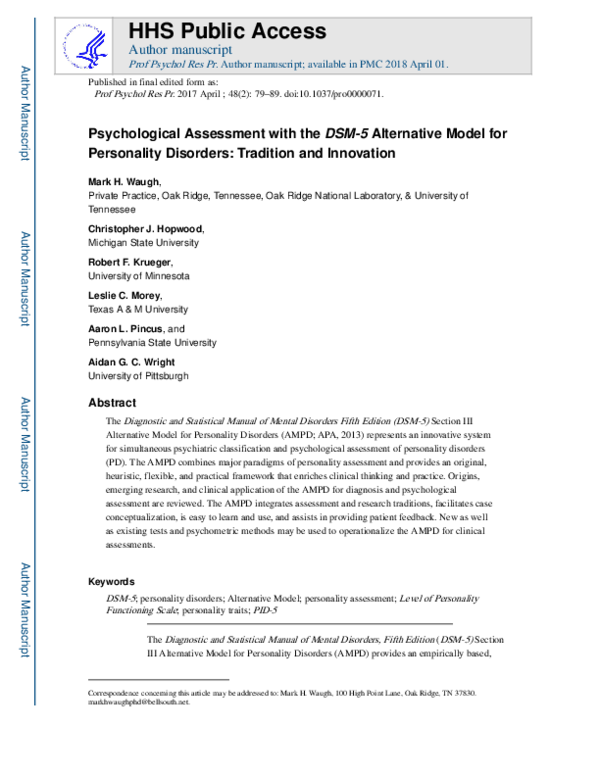 (PDF) Psychological assessment with the DSM–5 Alternative Model for ...