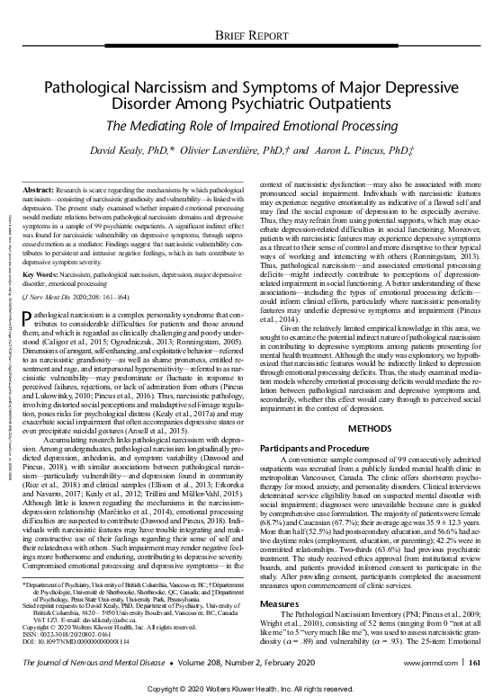 (PDF) Pathological Narcissism and Symptoms of Major Depressive Disorder Among Psychiatric ...