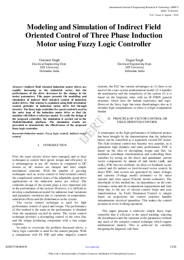 Pdf Modeling And Simulation Of Indirect Field Oriented Control Of Three Phase Induction Motor
