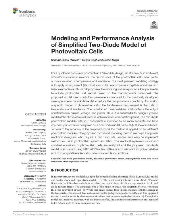 Pdf Modeling And Performance Analysis Of Simplified Two Diode Model Of Photovoltaic Cells