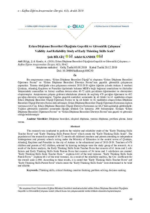 (PDF) Validity And Reliability Study Of Early Thinking Skills Scale