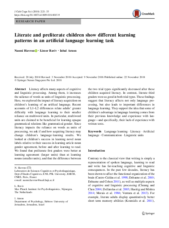 (PDF) Literate and preliterate children show different learning ...