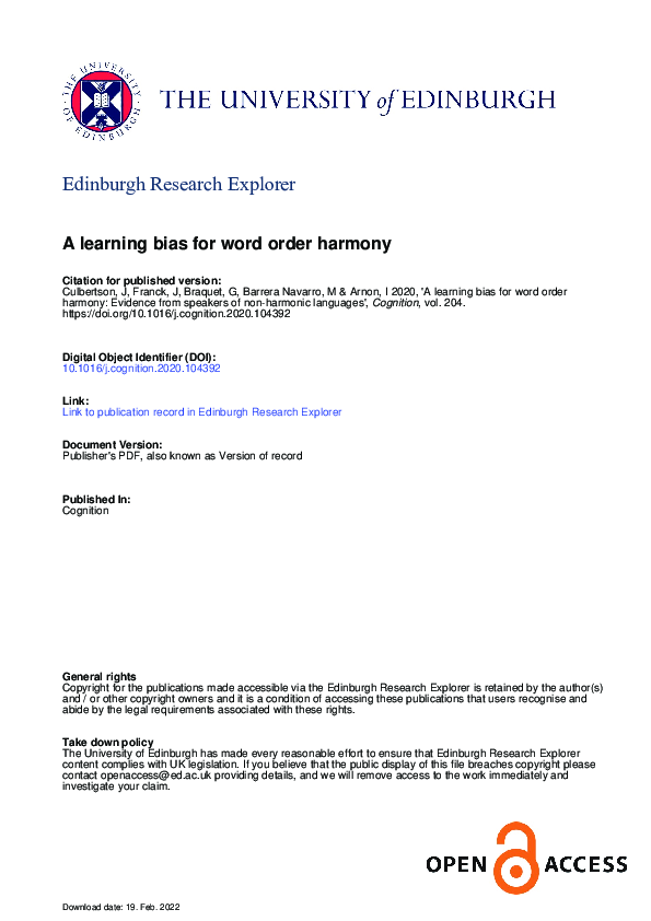(PDF) A learning bias for word order harmony: Evidence from speakers of ...