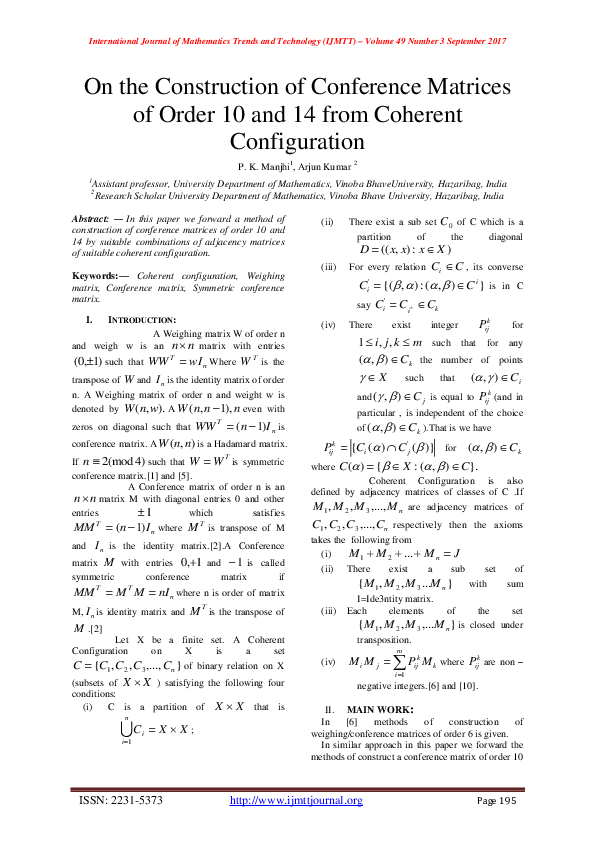 (PDF) On the Construction of Conference Matrices of Order 10 and 14 from Coherent Configuration