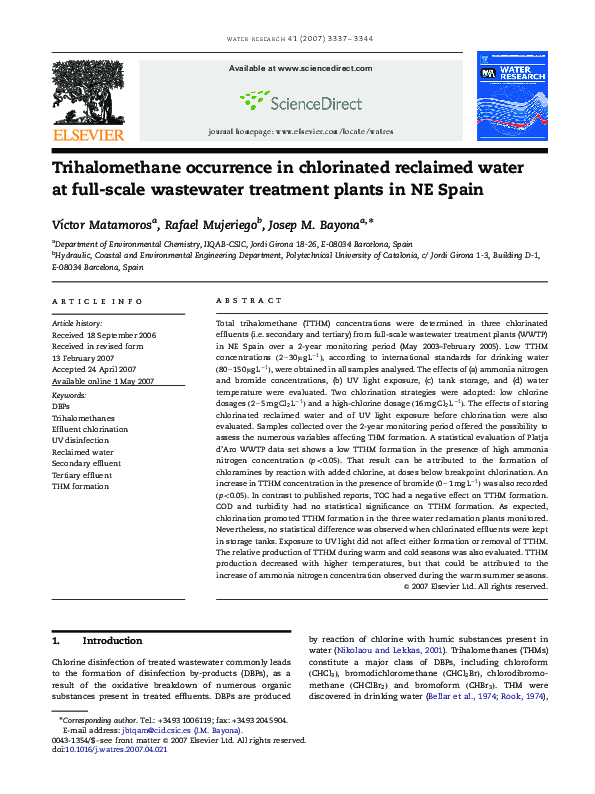 (PDF) Trihalomethane occurrence in chlorinated reclaimed water at full-scale wastewater ...