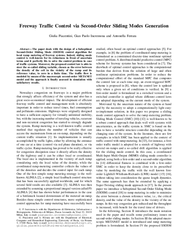 (PDF) Freeway Traffic Control via Second-Order Sliding Modes Generation