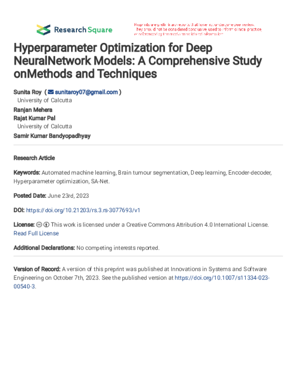 (PDF) Hyperparameter Optimization for Deep NeuralNetwork Models: A Comprehensive Study onMethods ...