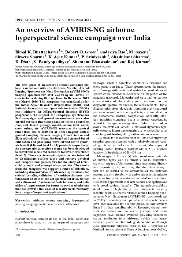 (PDF) An Overview of AVIRIS-NG Airborne Hyperspectral Science Campaign ...